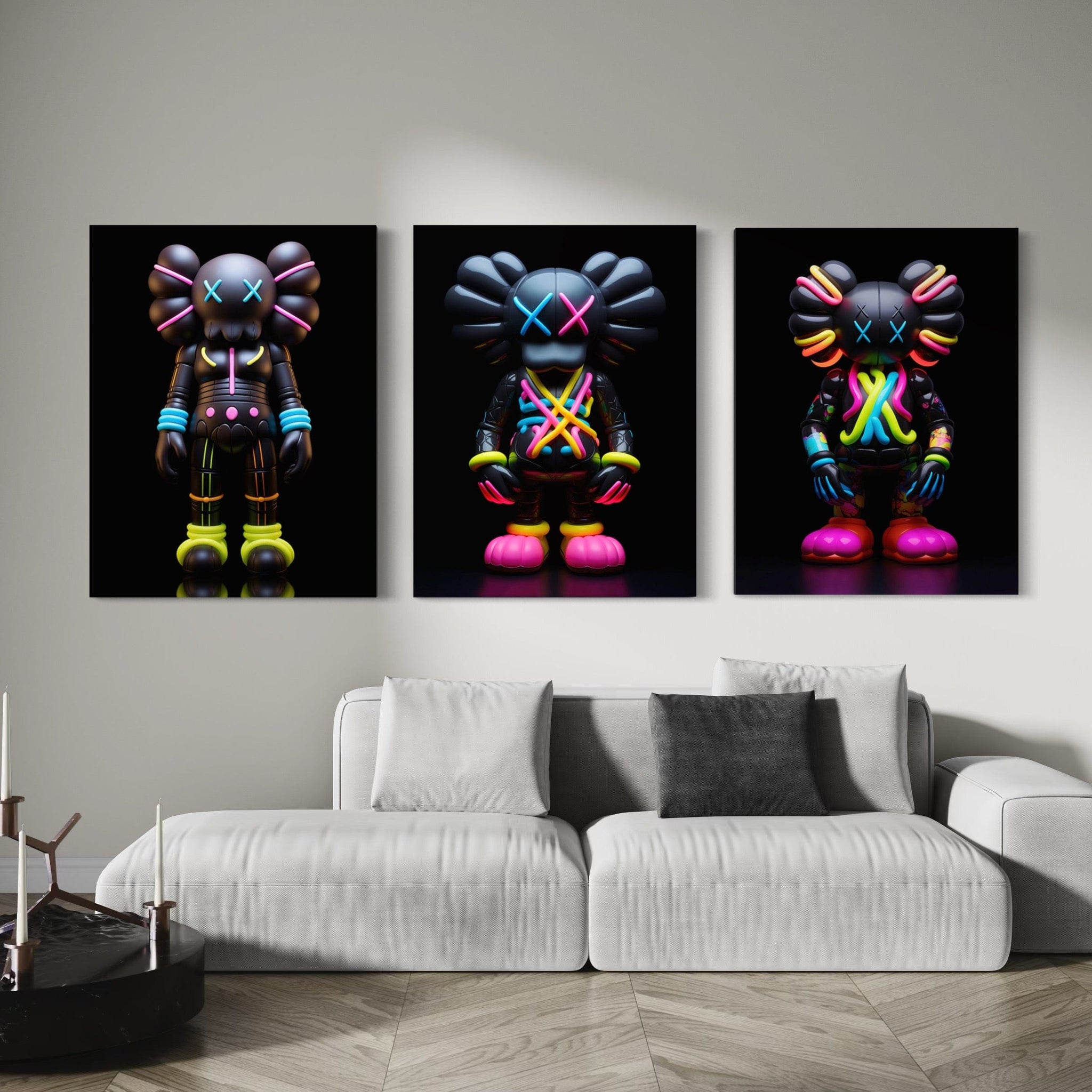 Neon Kaws 3 Piece Canvas Print Ver 1, Kaws Wall Art