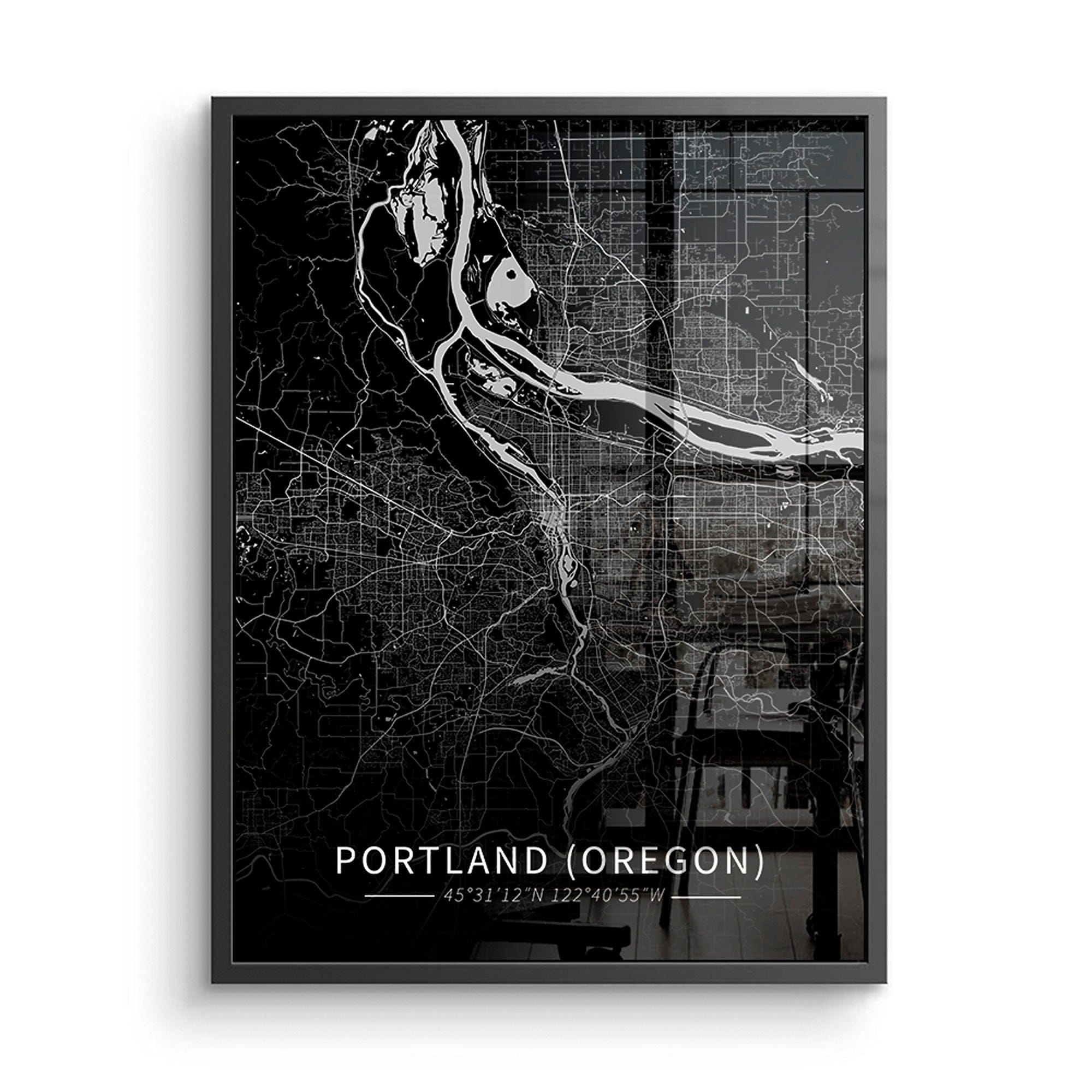 Portland (Oregon) City Map Framed Canvas Print, Black & White Wall Art ...